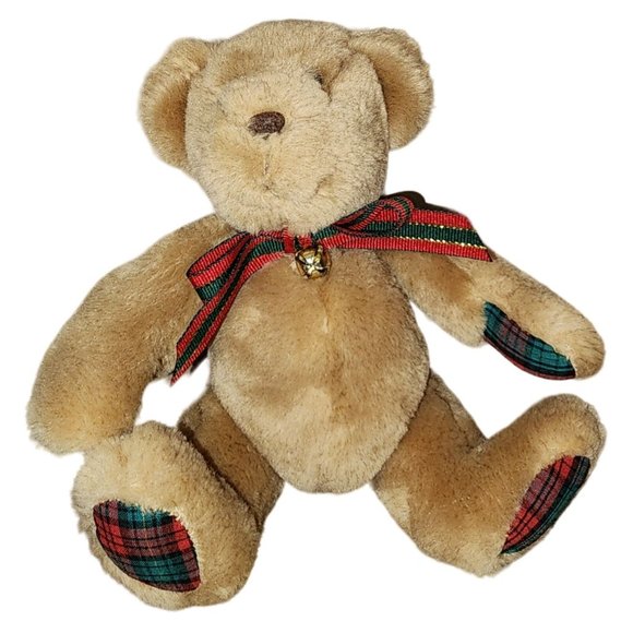 Toys | Vintage Christmas Teddy Bear Plaid Feet Bell Bowtie On Neck ...